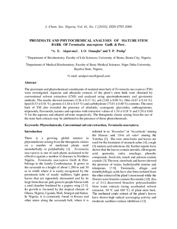 (PDF) PROXIMATE AND PHYTOCHEMICAL ANALYSES OF MATURE STEM BARK OF Terminalia macroptera Guill ...