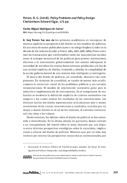 (PDF) Reseña: Peters, B. Guy (2018). Policy Problems and Policy Design ...