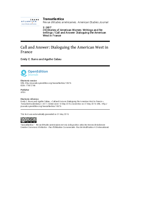 (PDF) Call and Answer: Dialoguing the American West in France