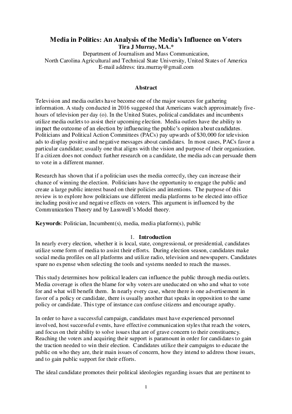 (PDF) Media in Politics: An Analysis of the Media’s Influence on Voters