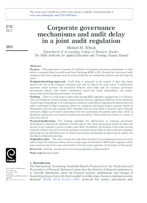 (PDF) Corporate governance mechanisms and audit delay in a joint audit regulation