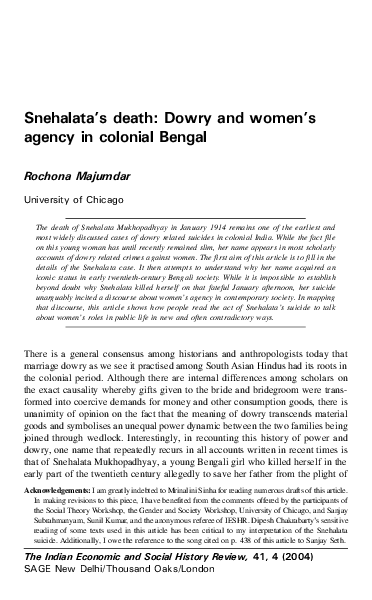 (PDF) Snehalata s death: Dowry and women s agency in colonial Bengal