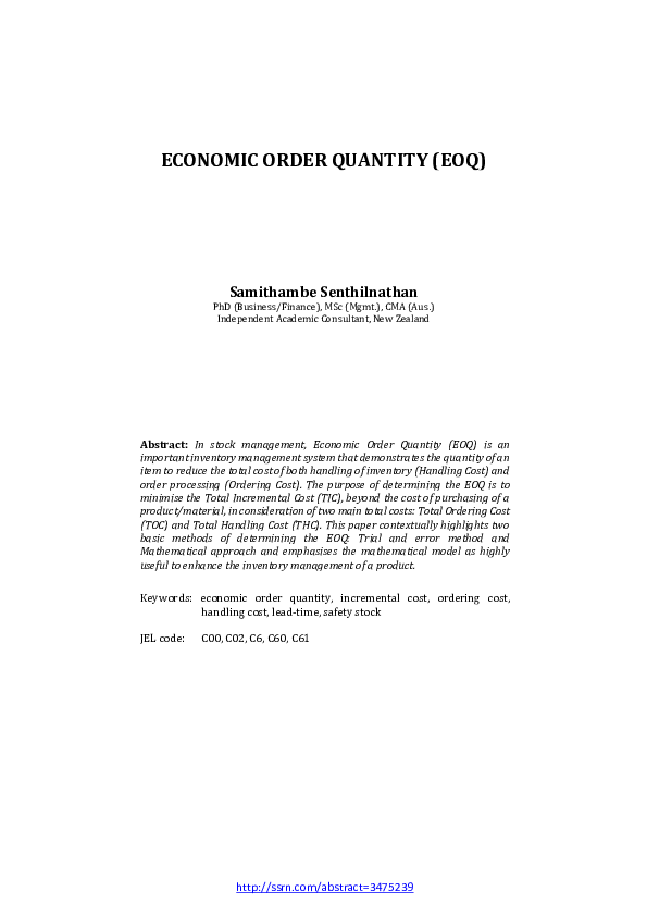 (PDF) ECONOMIC ORDER QUANTITY (EOQ)