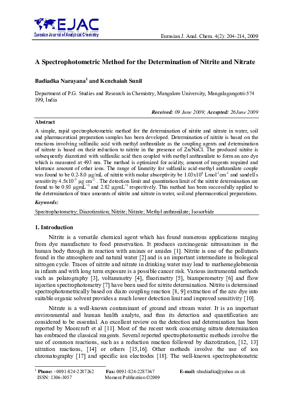 Pdf A Spectrophotometric Method For The Determination Of Nitrite And Nitrate