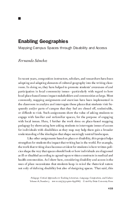 Pdf Enabling Geographies Mapping Campus Spaces Through Disability And