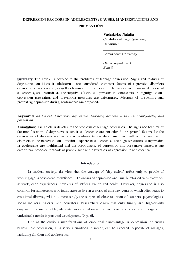 (PDF) DEPRESSION FACTORS IN ADOLESCENTS: CAUSES, MANIFESTATIONS AND ...