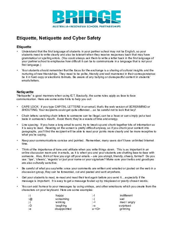 (DOC) Etiquette, Netiquette and Cyber Safety Etiquette