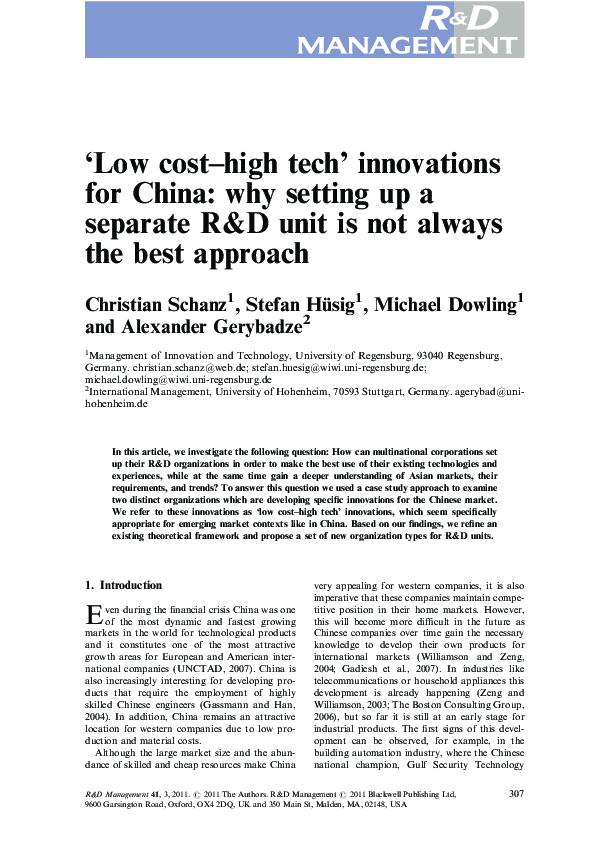 (PDF) ‘Low cost-high tech’ innovations for China: why setting up a ...