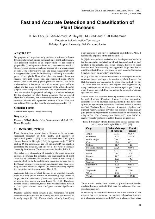 Pdf Fast And Accurate Detection And Classification Of Plant Diseases