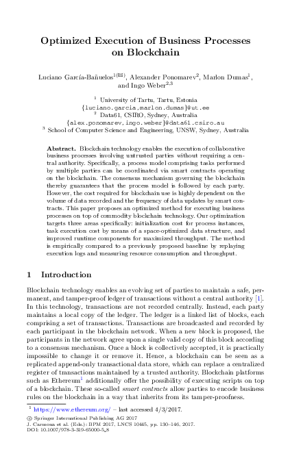 (PDF) Optimized Execution of Business Processes on Blockchain