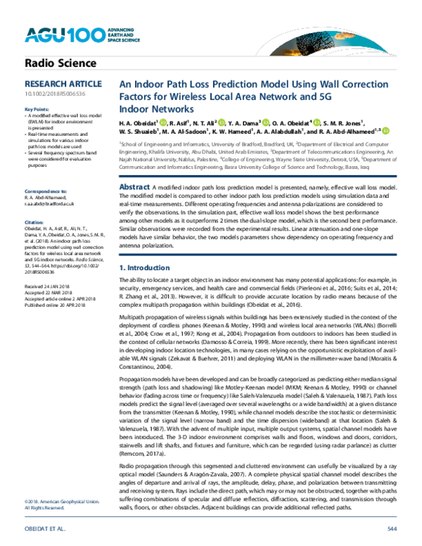 (PDF) An Indoor Path Loss Prediction Model Using Wall Correction ...