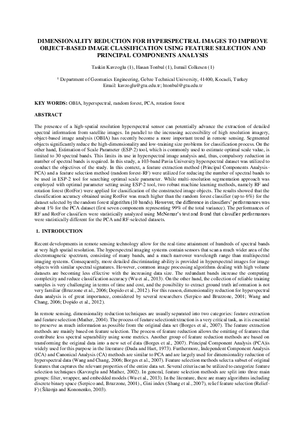Pdf Dimensionality Reduction For Hyperspectral Images To Improve Object Based Image