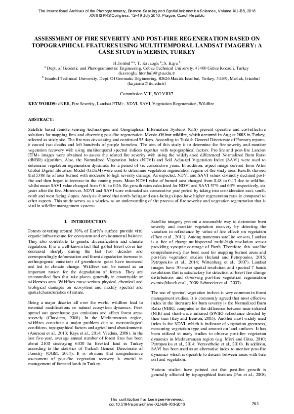 (PDF) ASSESSMENT OF FIRE SEVERITY AND POST-FIRE REGENERATION BASED ON ...