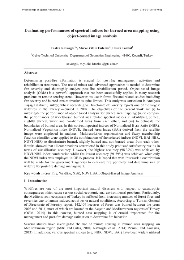 Pdf Evaluating Performances Of Spectral Indices For Burned Area Mapping Using Object Based