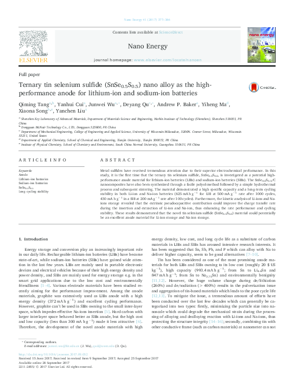 (PDF) Ternary tin selenium sulfide (SnSe 0.5 S 0.5 ) nano alloy as the ...