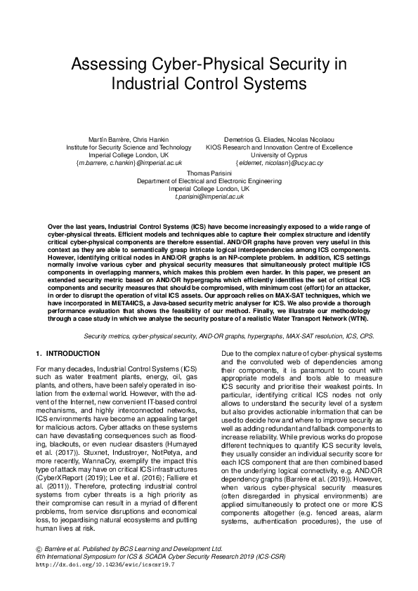 (PDF) Assessing Cyber-Physical Security in Industrial Control Systems