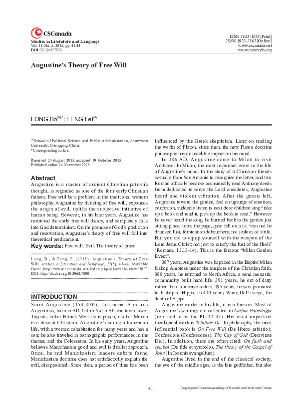 (PDF) Augustine's Theory of Free Will