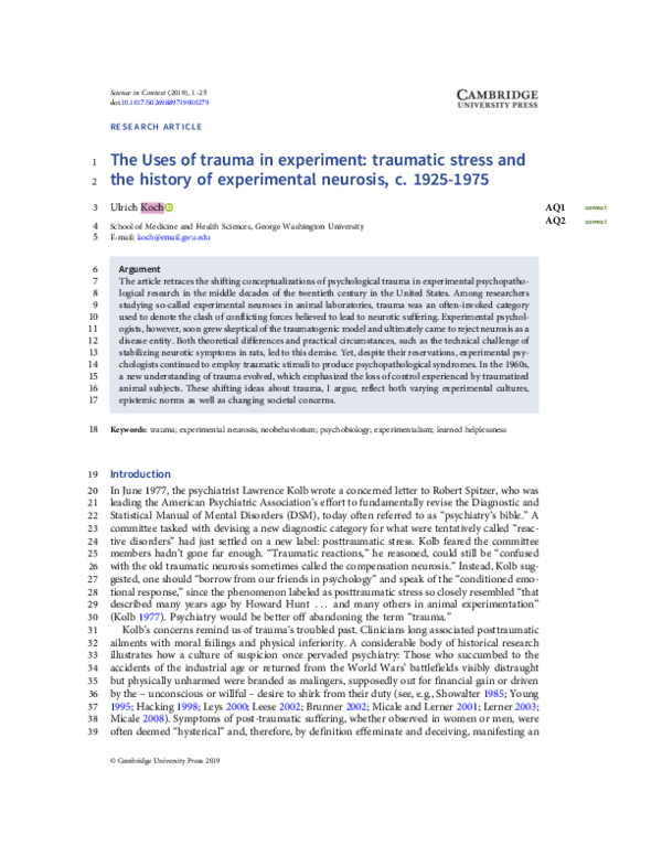 (PDF) The uses of trauma in experiment: Traumatic stress and the ...
