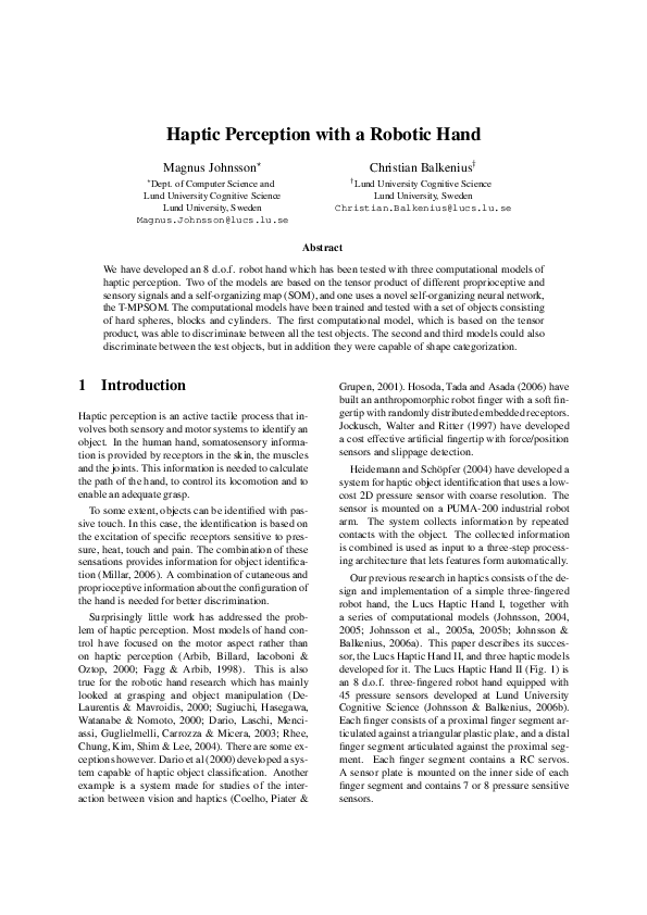 (PDF) Haptic Perception with a Robotic Hand