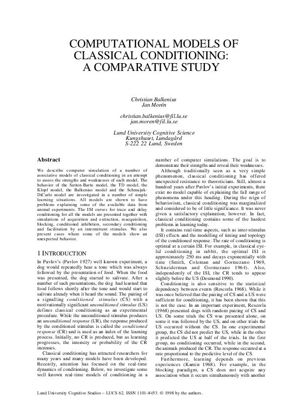 (PDF) Computational models of classical conditioning: a comparative study