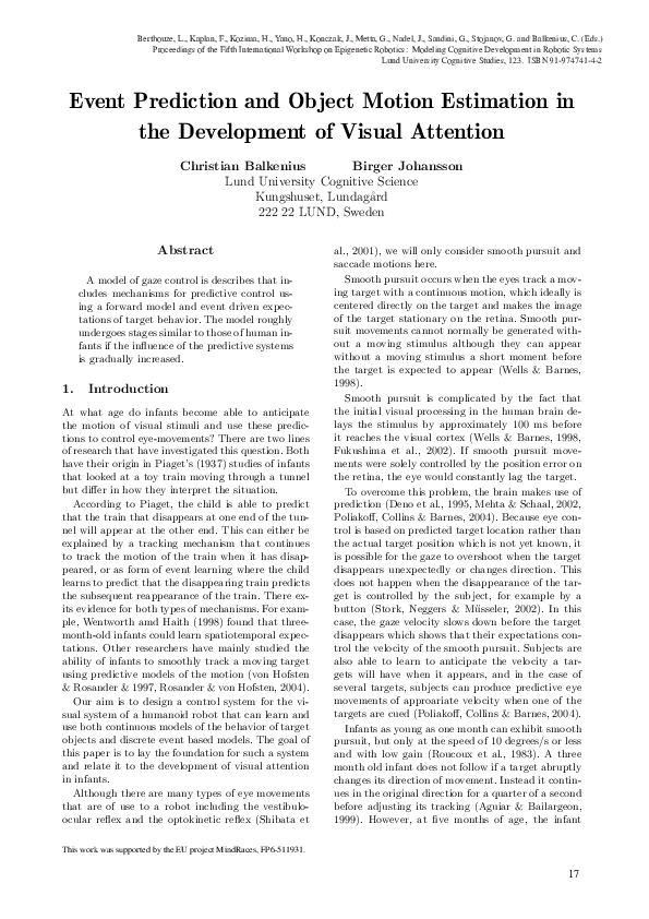 (PDF) Event Prediction and Object Motion Estimation in the Development ...