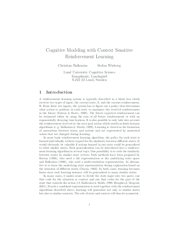 (PDF) Cognitive Modeling with Context Sensitive Reinforcement Learning