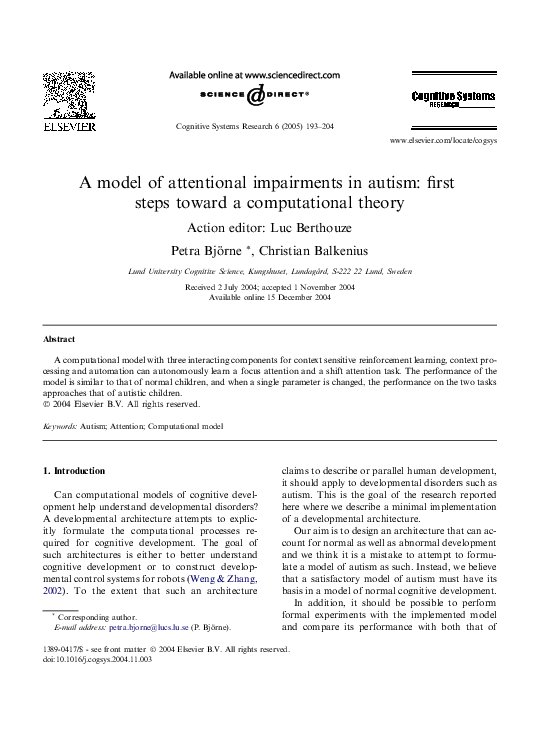 (PDF) A model of attentional impairments in autism: first steps toward a computational theory