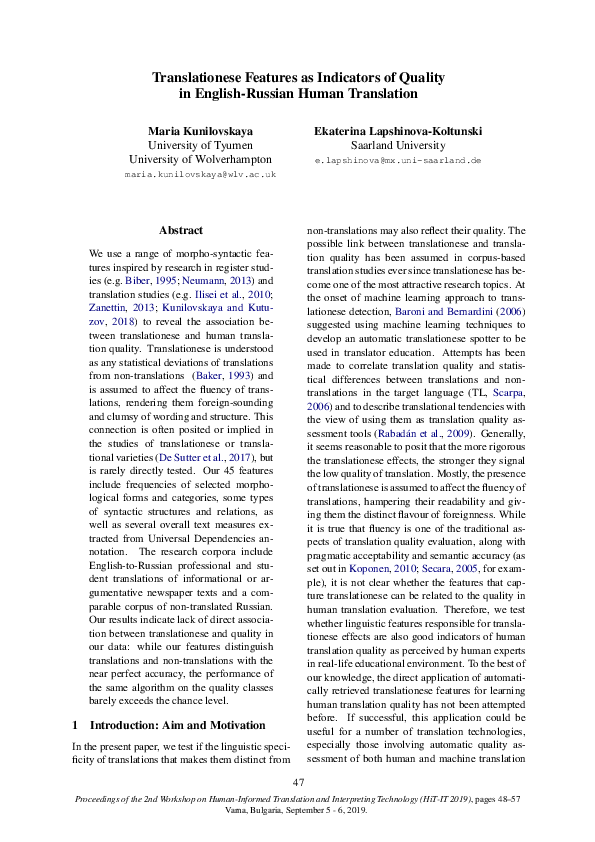 (PDF) Translationese Features as Indicators of Quality in English ...