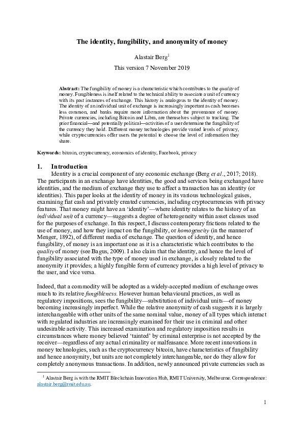 (PDF) The identity, fungibility, and anonymity of money | Alastair Berg ...