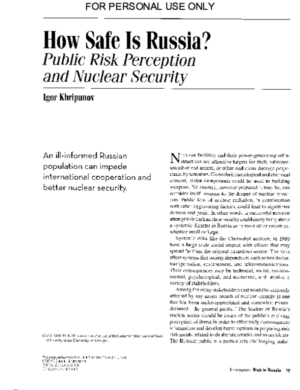(PDF) Now Safe Is Russia? Public Risk Perception And Nuclear Security
