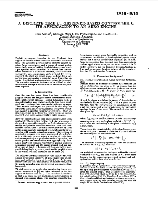 Pdf A Discrete Time H∞ Observer Based Controller And Its Application