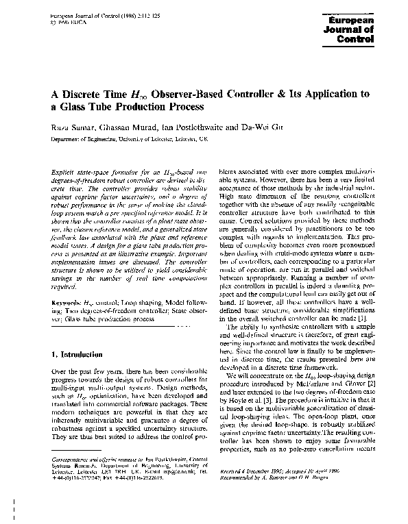 Pdf A Discrete Time H∞ Observer Based Controller And Its Application To