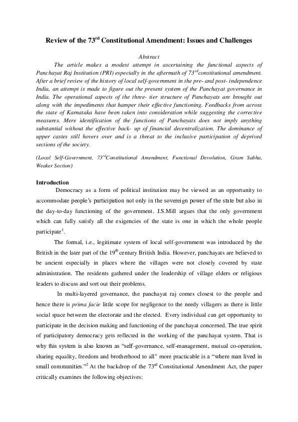 (PDF) Review of the 73 rd Constitutional Amendment: Issues and Challenges
