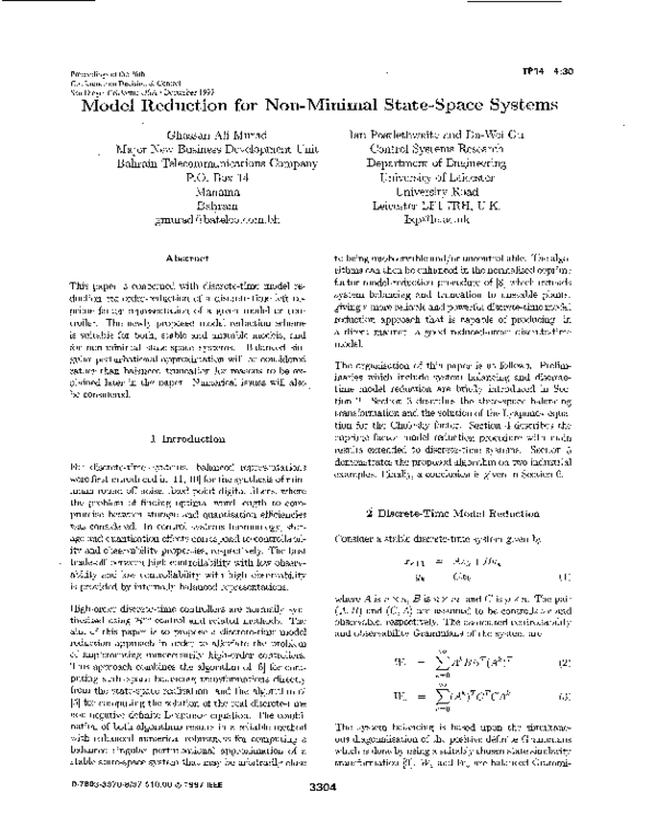 Pdf Model Reduction For Non Minimal State Space Systems