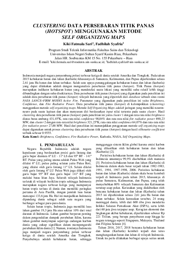 (PDF) CLUSTERING DATA PERSEBARAN TITIK PANAS (HOTSPOT) MENGGUNAKAN METODE SELF ORGANIZING MAPS