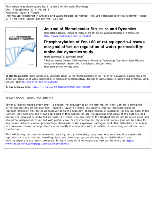 (PDF) Journal of Biomolecular Structure and Dynamics Phosphorylation of Ser-180 of rat aquaporin ...