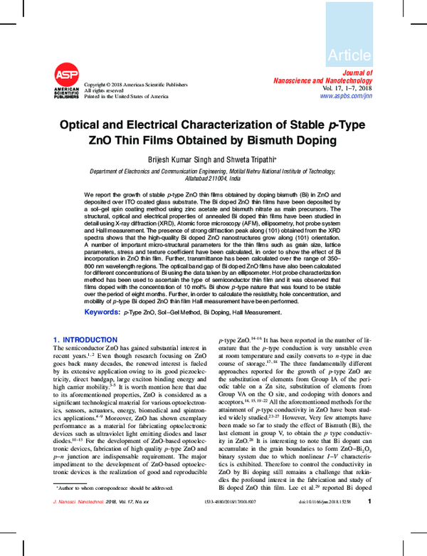 (PDF) Optical and Electrical Characterization of Stable p-Type ZnO Thin Films Obtained by ...