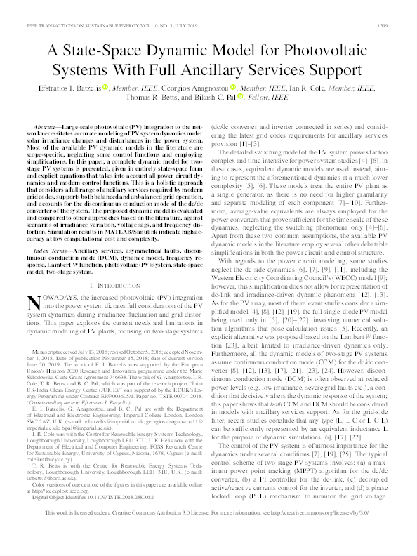 (PDF) A State-Space Dynamic Model for Photovoltaic Systems With Full ...