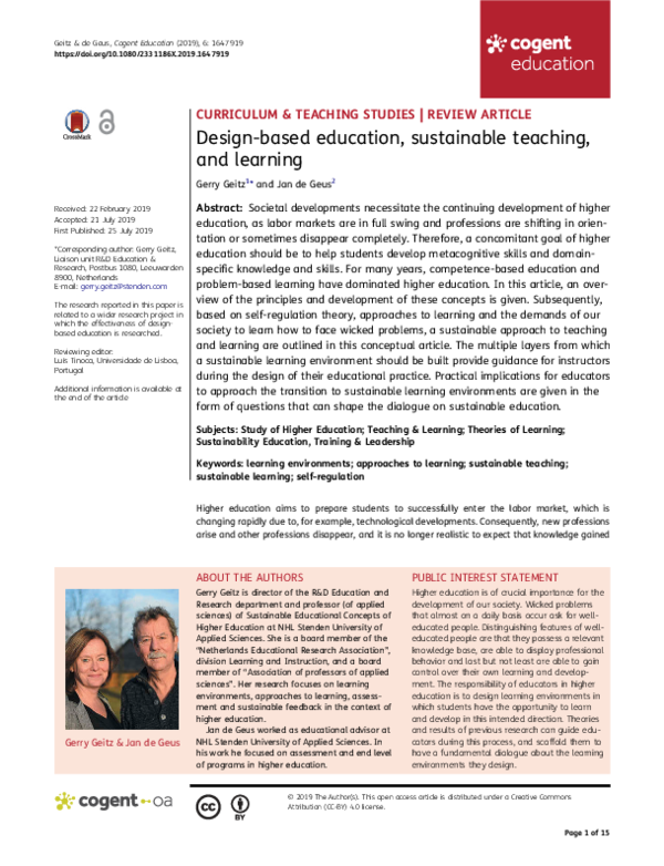 (PDF) Design-based education, sustainable teaching, and learning