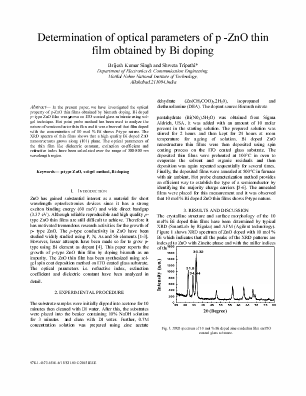 (PDF) Determination of optical parameters of p -ZnO thin film obtained by Bi doping | Shweta ...