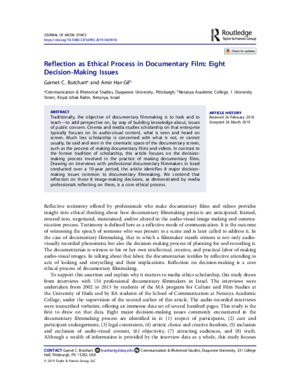 (PDF) Reflection as Ethical Process in Documentary Film: Eight Decision ...
