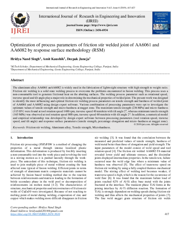 (PDF) Optimization of process parameters of friction stir welded joint of AA6061 and AA6082 by ...