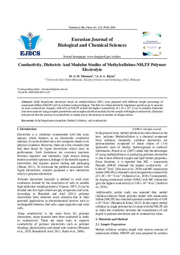 (PDF) Conductivity, Dielectric And Modulus Studies of Methylcellulose-NH4TF Polymer Electrolyte