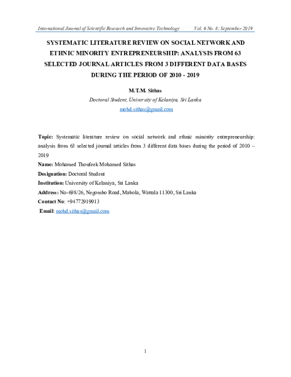 (PDF) SYSTEMATIC LITERATURE REVIEW ON SOCIAL NETWORK AND ETHNIC MINORITY ENTREPRENEURSHIP ...