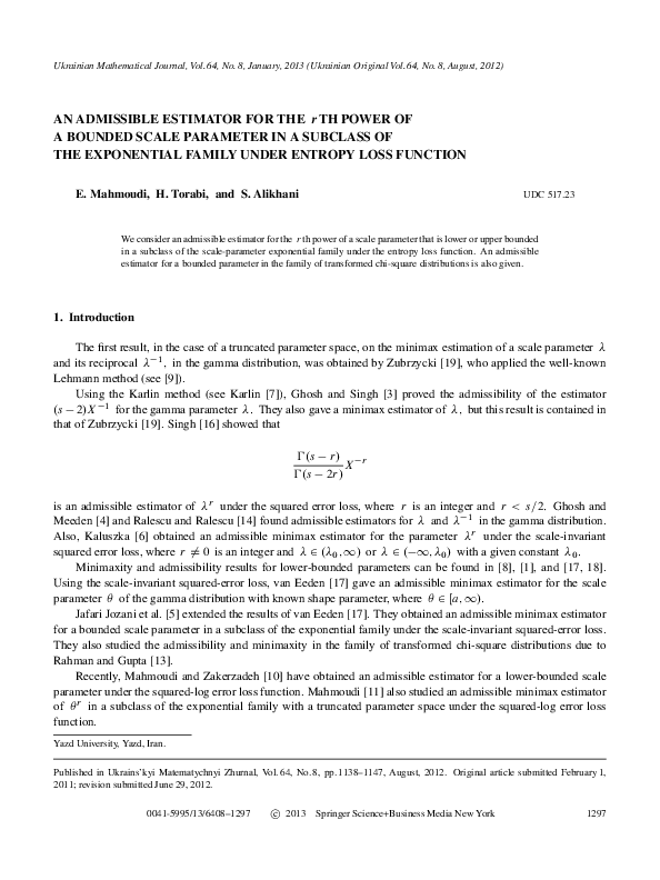 Pdf An Admissible Estimator For The Rth Power Of A Bounded Scale Parameter In A Subclass Of