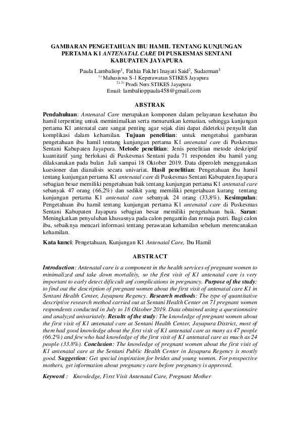 (PDF) GAMBARAN PENGETAHUAN IBU HAMIL TENTANG KUNJUNGAN PERTAMA K1 ...
