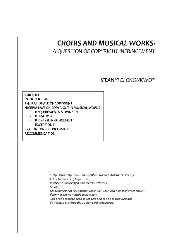 (PDF) CHOIRS AND MUSICAL WORKS: A QUESTION OF COPYRIGHT INFRINGEMENT