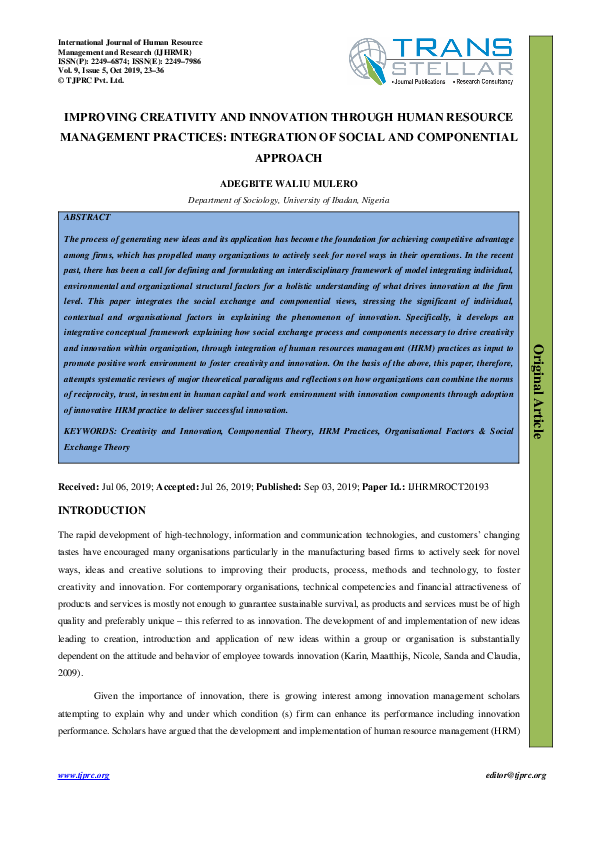 (PDF) IMPROVING CREATIVITY AND INNOVATION THROUGH HUMAN RESOURCE ...