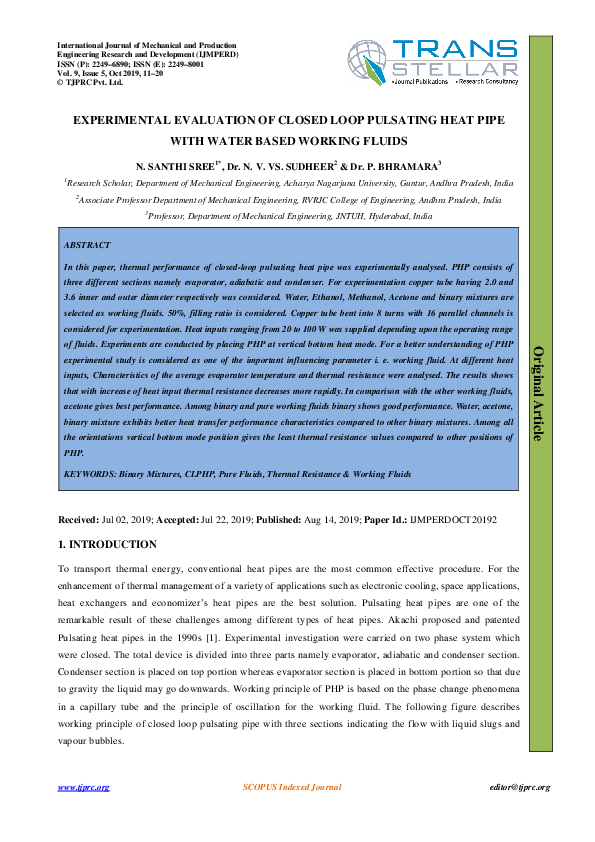 Pdf Experimental Evaluation Of Closed Loop Pulsating Heat Pipe With