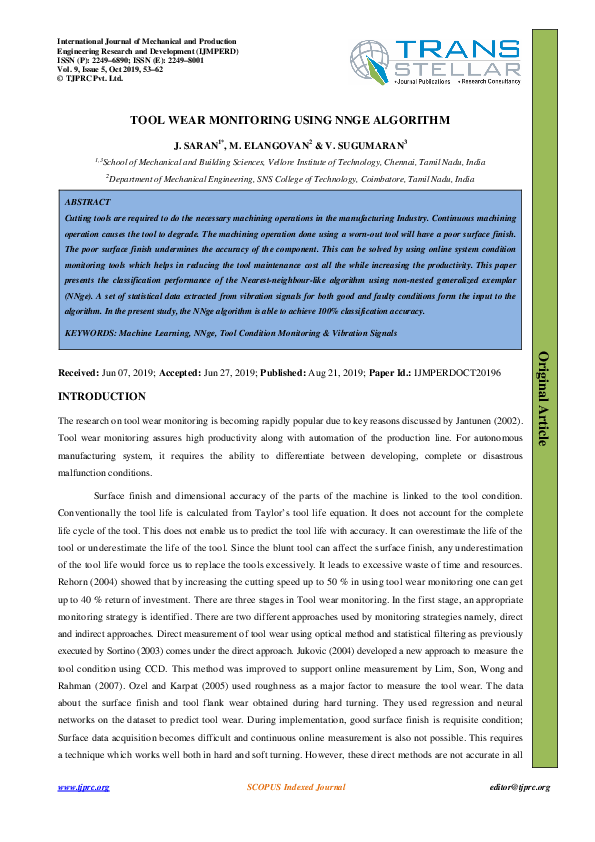 (PDF) TOOL WEAR MONITORING USING NNGE ALGORITHM | TJPRC Publication ...